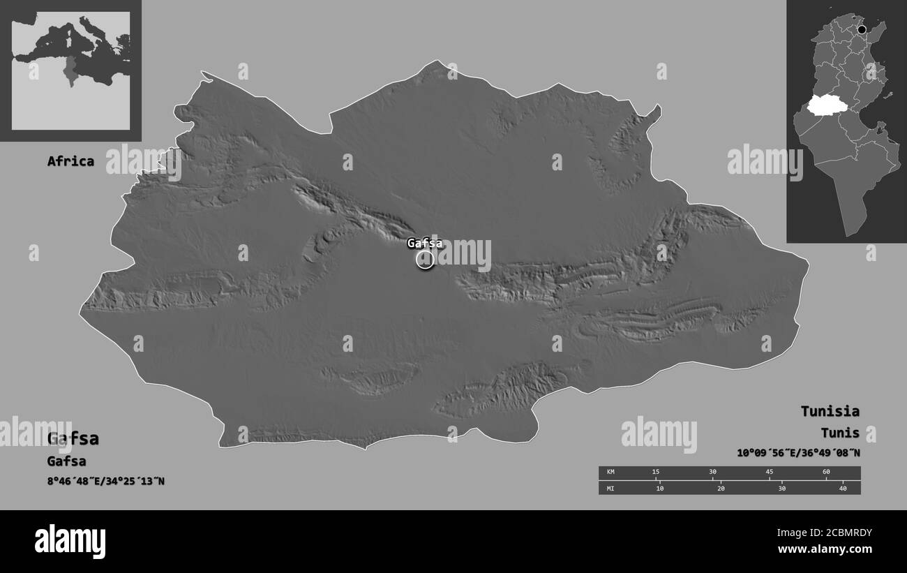 Shape of Gafsa, governorate of Tunisia, and its capital. Distance scale ...