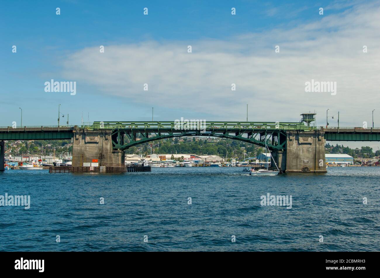 View of the Ballard draw bridge, Salmon Bay in Ballard, Seattle ...