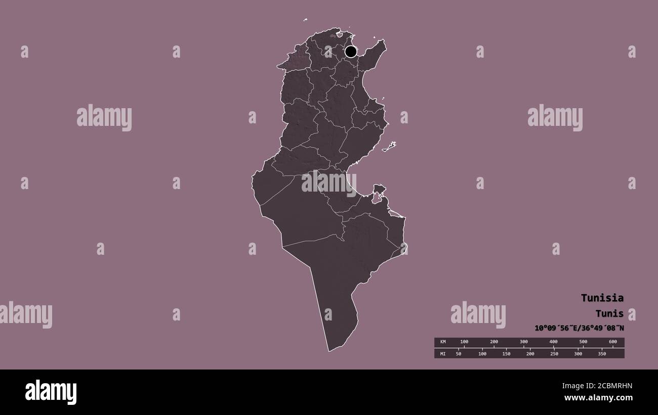 Desaturated shape of Tunisia with its capital, main regional division ...