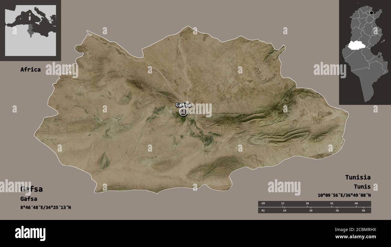 Shape of Gafsa, governorate of Tunisia, and its capital. Distance scale ...