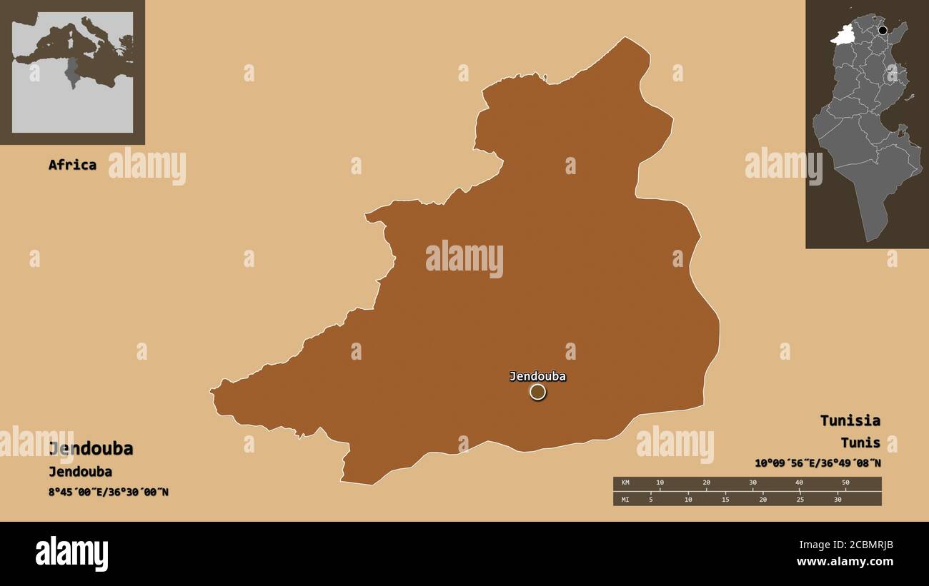 Shape of Jendouba, governorate of Tunisia, and its capital. Distance ...