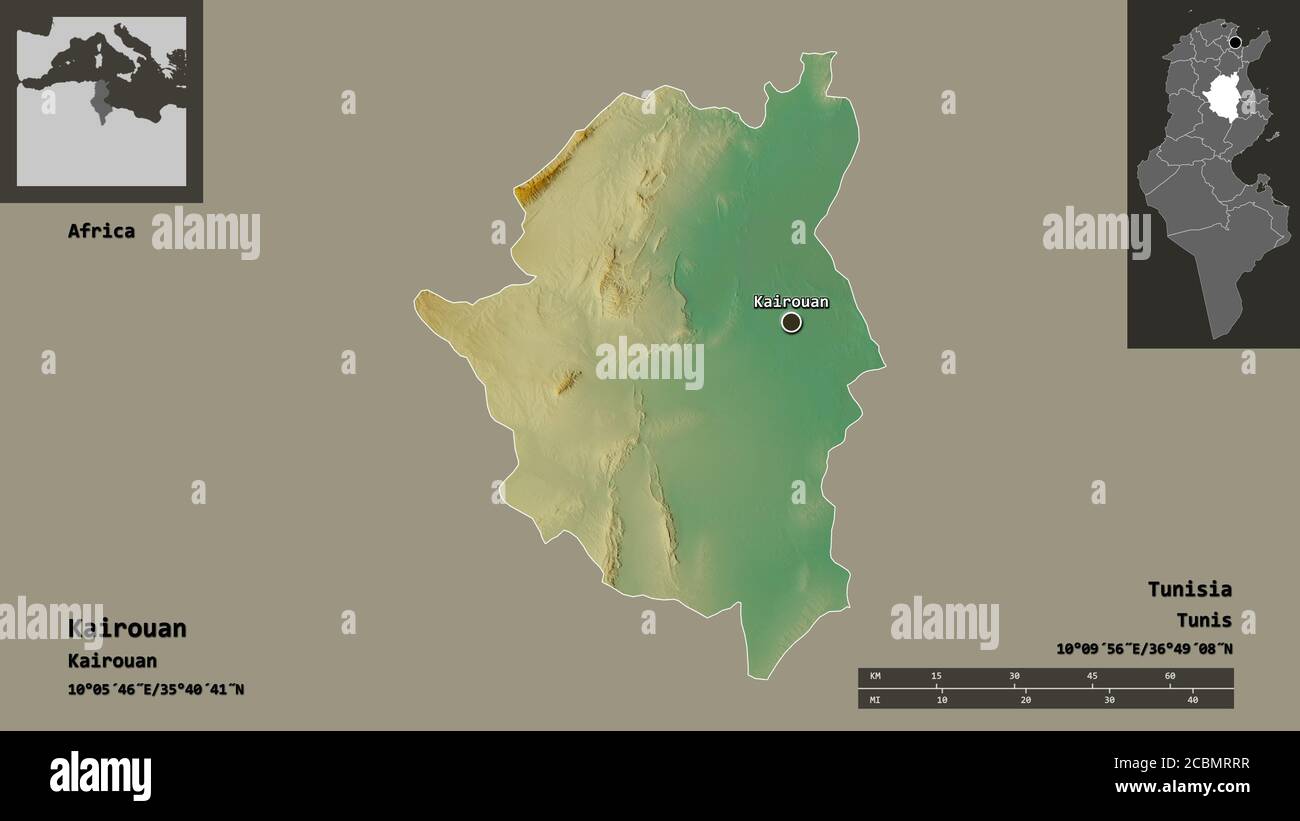 Shape of Kairouan, governorate of Tunisia, and its capital. Distance ...
