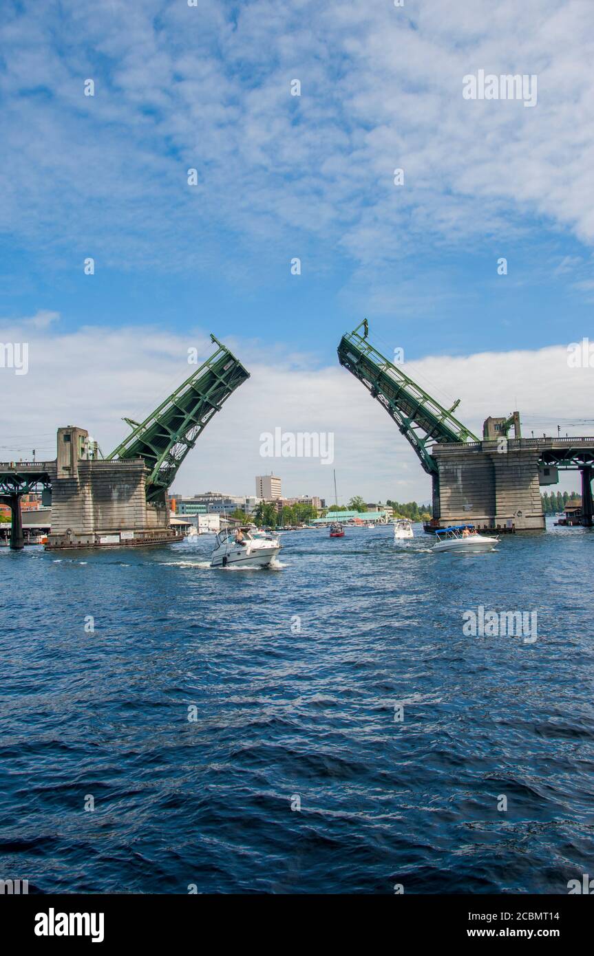 View of the open University draw bridge from the Washington Ship Canal ...