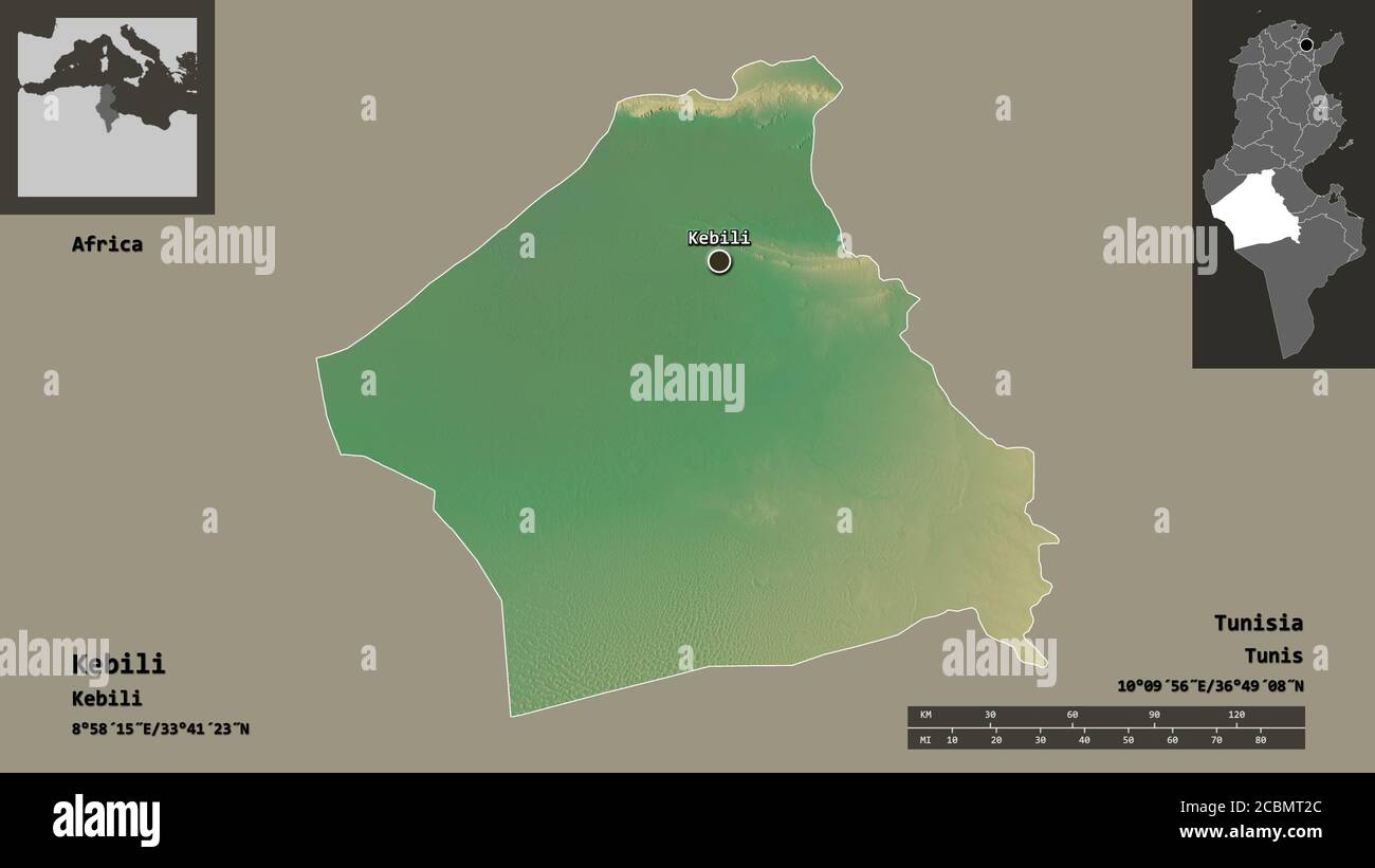 Shape of Kebili, governorate of Tunisia, and its capital. Distance ...