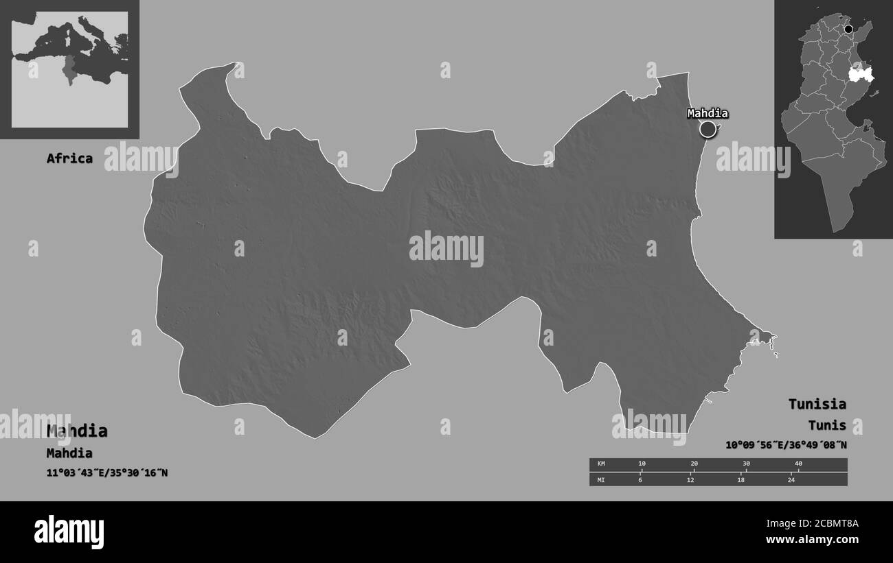Shape of Mahdia, governorate of Tunisia, and its capital. Distance ...