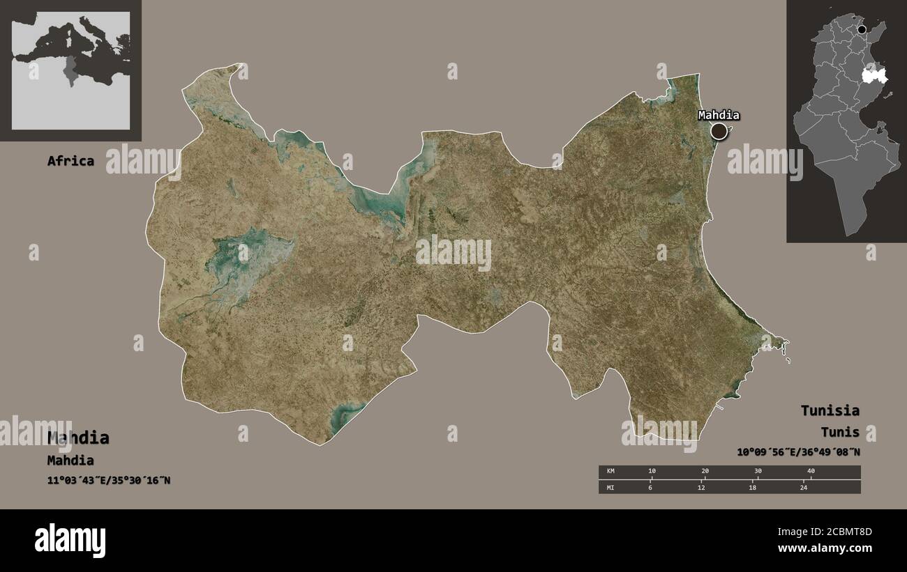 Shape of Mahdia, governorate of Tunisia, and its capital. Distance ...
