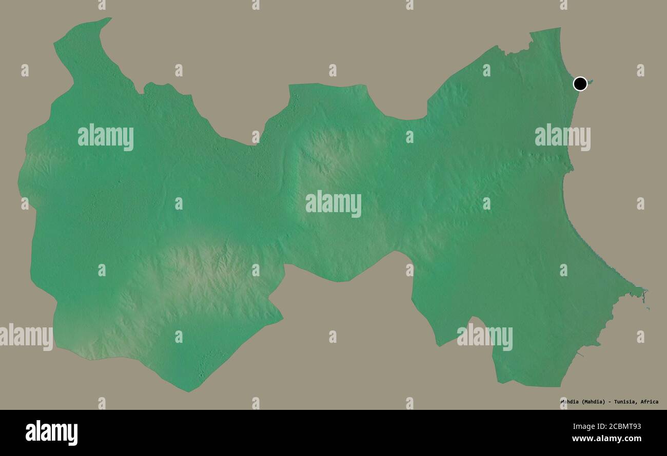 Shape of Mahdia, governorate of Tunisia, with its capital isolated on a ...
