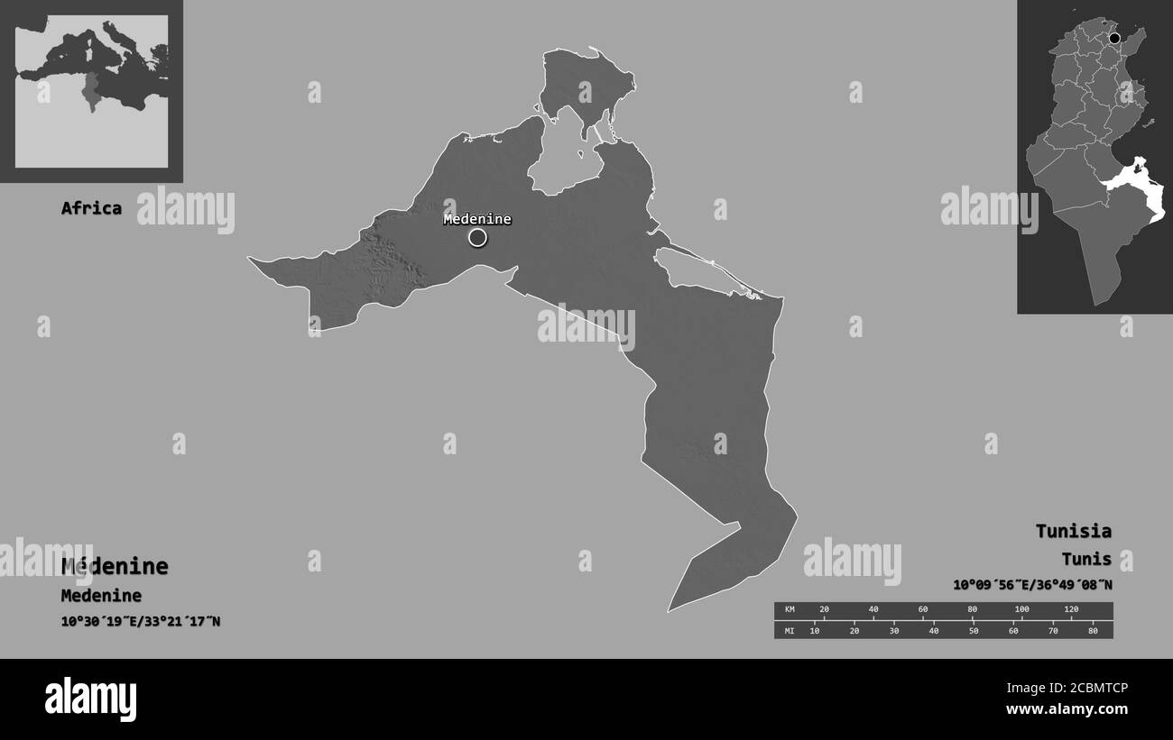 Shape of Médenine, governorate of Tunisia, and its capital. Distance ...