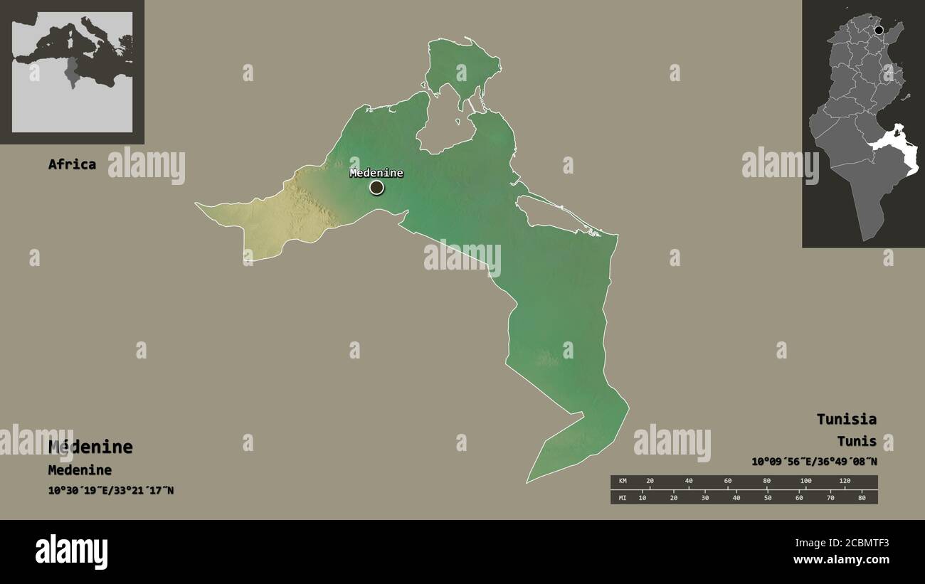 Shape of Médenine, governorate of Tunisia, and its capital. Distance ...
