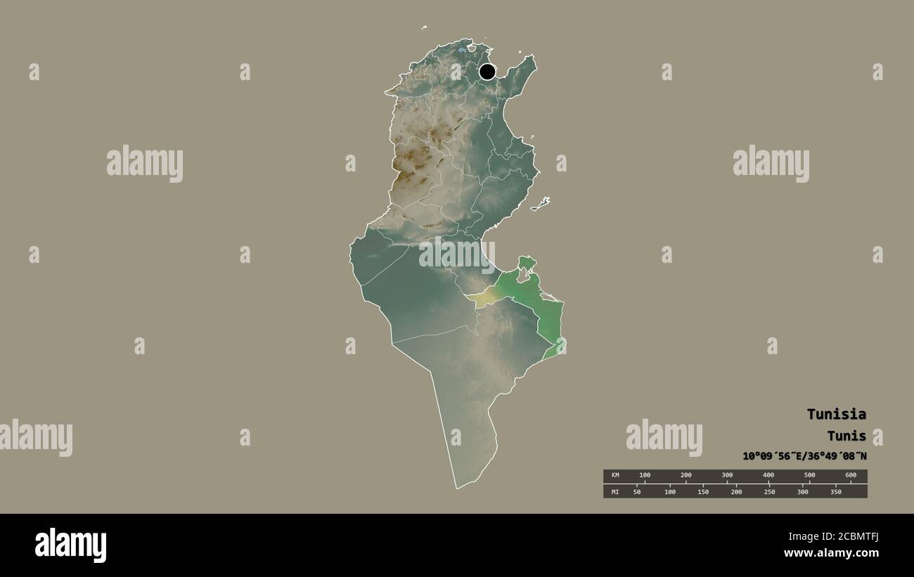 Desaturated shape of Tunisia with its capital, main regional division ...