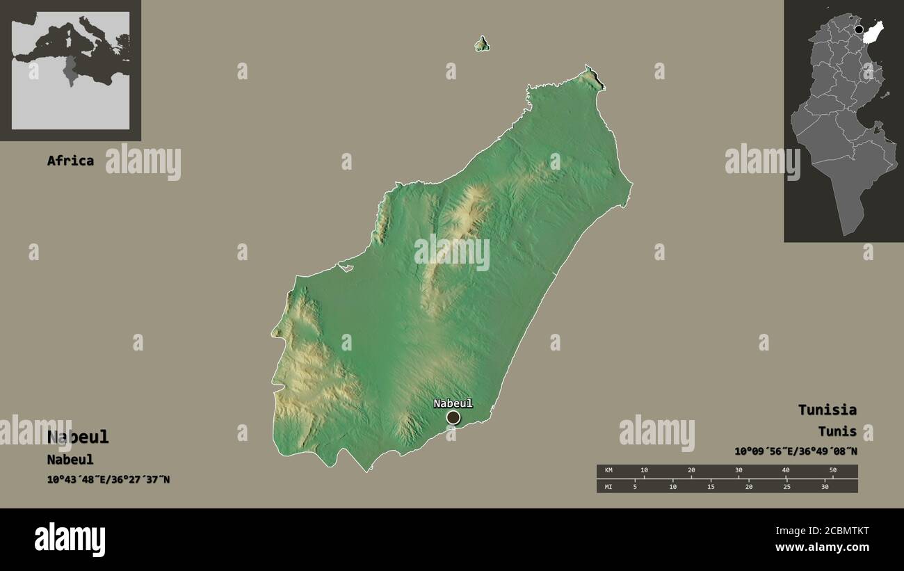 Shape of Nabeul, governorate of Tunisia, and its capital. Distance ...