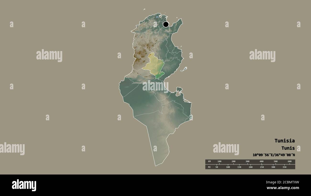 Desaturated shape of Tunisia with its capital, main regional division ...