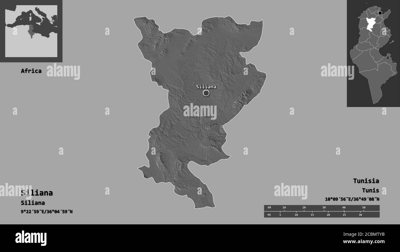 Shape of Siliana, governorate of Tunisia, and its capital. Distance ...
