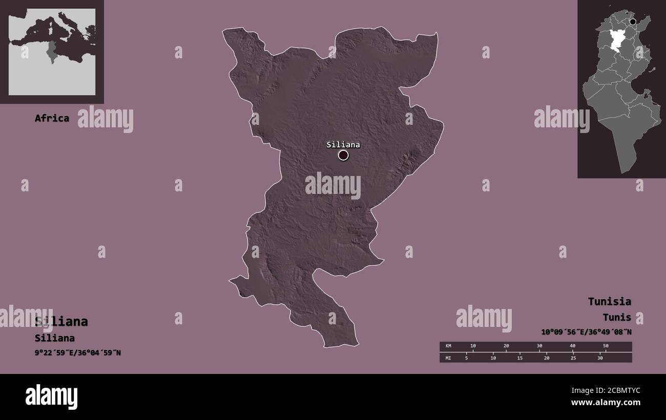 Shape of Siliana, governorate of Tunisia, and its capital. Distance ...