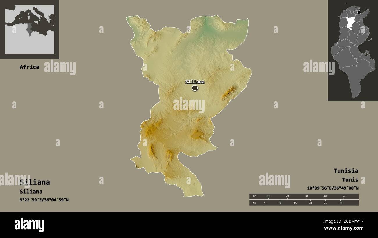 Shape of Siliana, governorate of Tunisia, and its capital. Distance ...