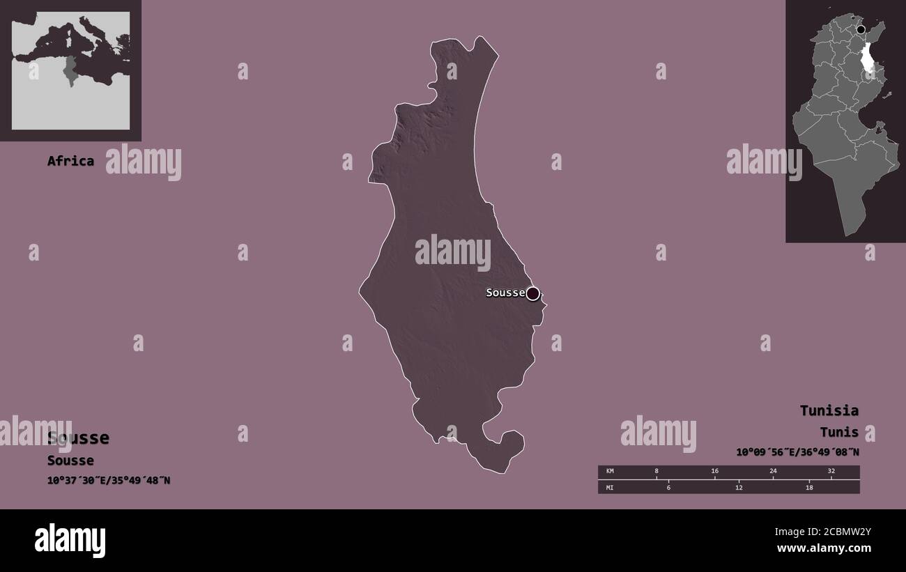 Shape of Sousse, governorate of Tunisia, and its capital. Distance ...