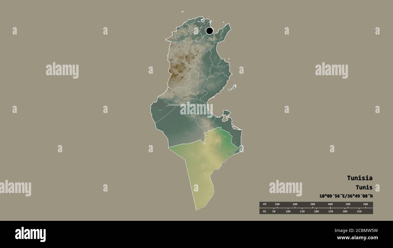 Desaturated shape of Tunisia with its capital, main regional division ...