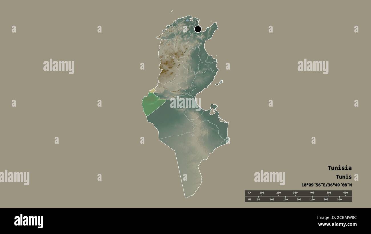 Desaturated shape of Tunisia with its capital, main regional division ...