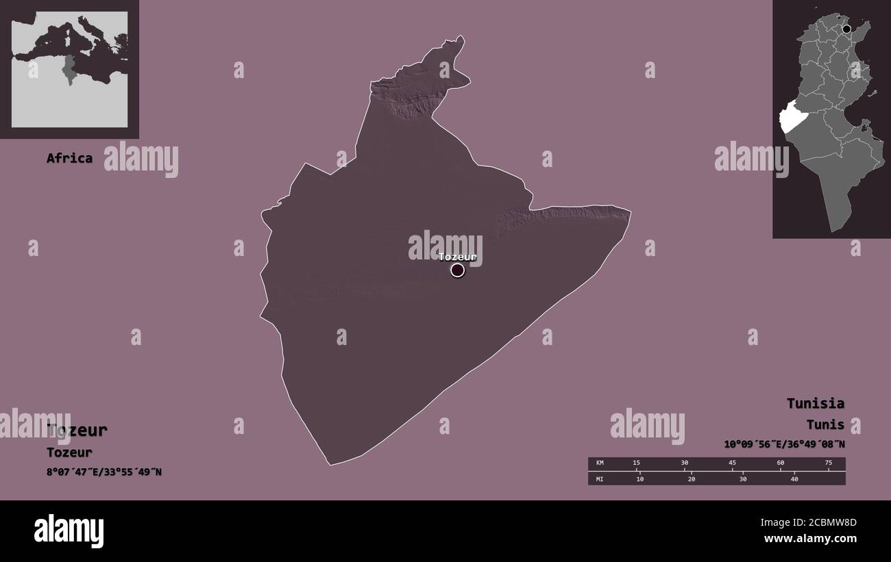 Shape of Tozeur, governorate of Tunisia, and its capital. Distance ...