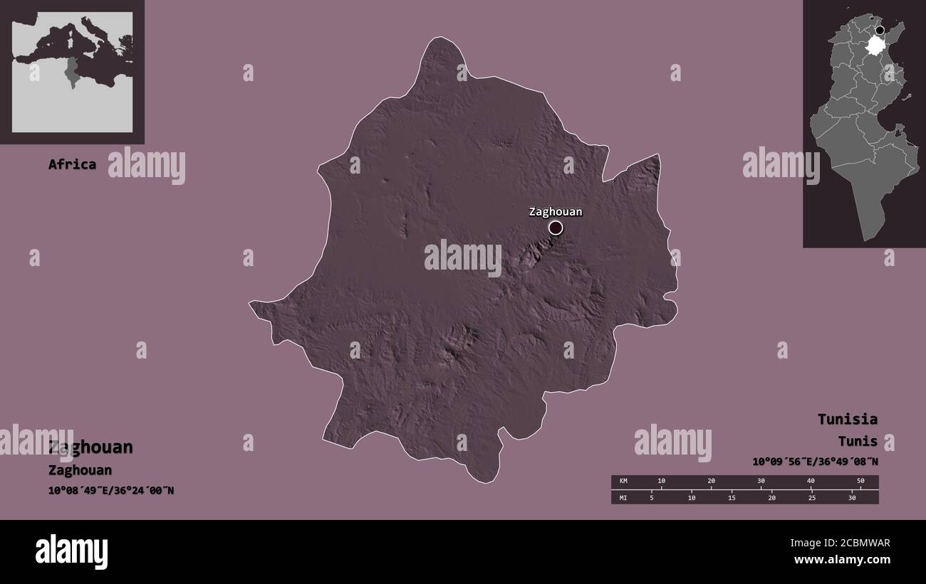 Shape of Zaghouan, governorate of Tunisia, and its capital. Distance ...