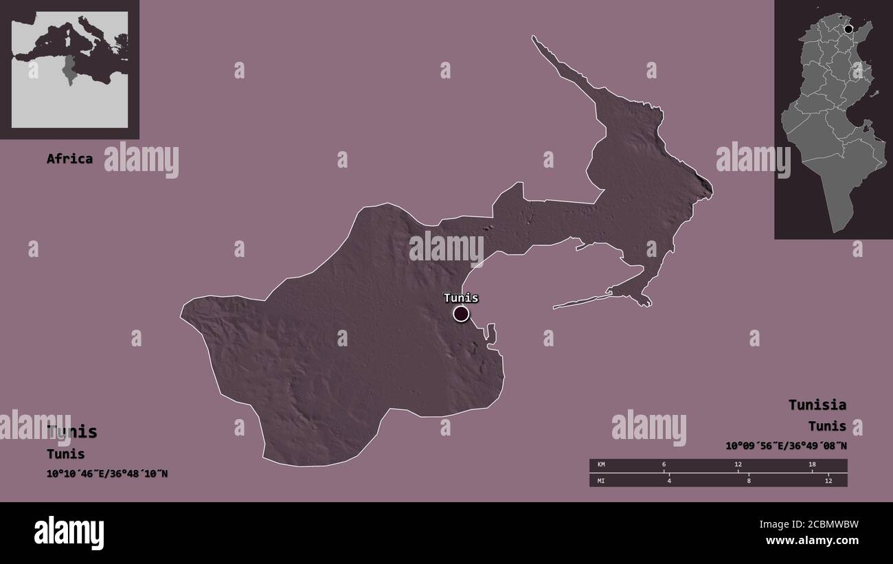 Shape of Tunis, governorate of Tunisia, and its capital. Distance scale ...