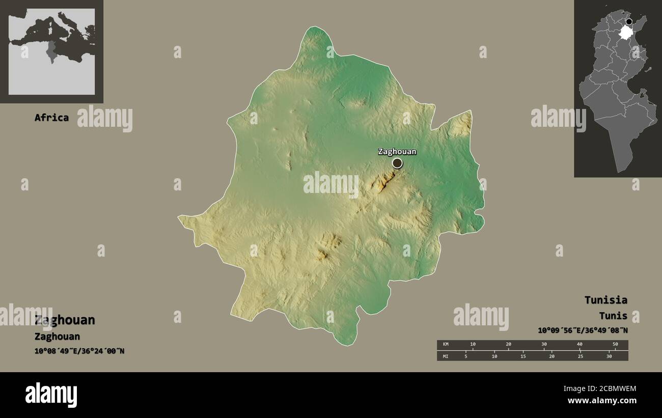 Shape of Zaghouan, governorate of Tunisia, and its capital. Distance ...