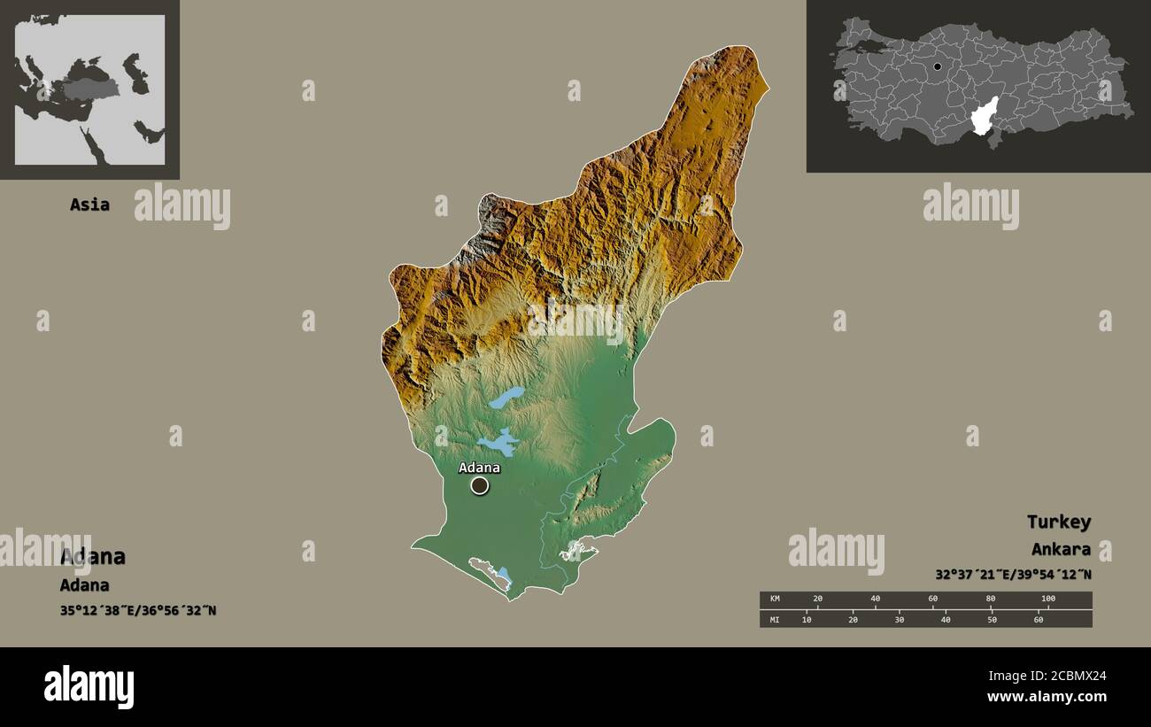 Shape of Adana, province of Turkey, and its capital. Distance scale ...