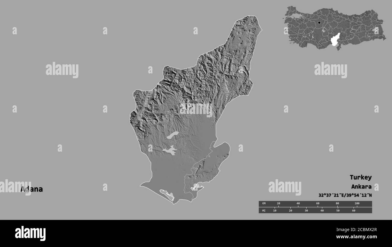 Shape of Adana, province of Turkey, with its capital isolated on solid ...