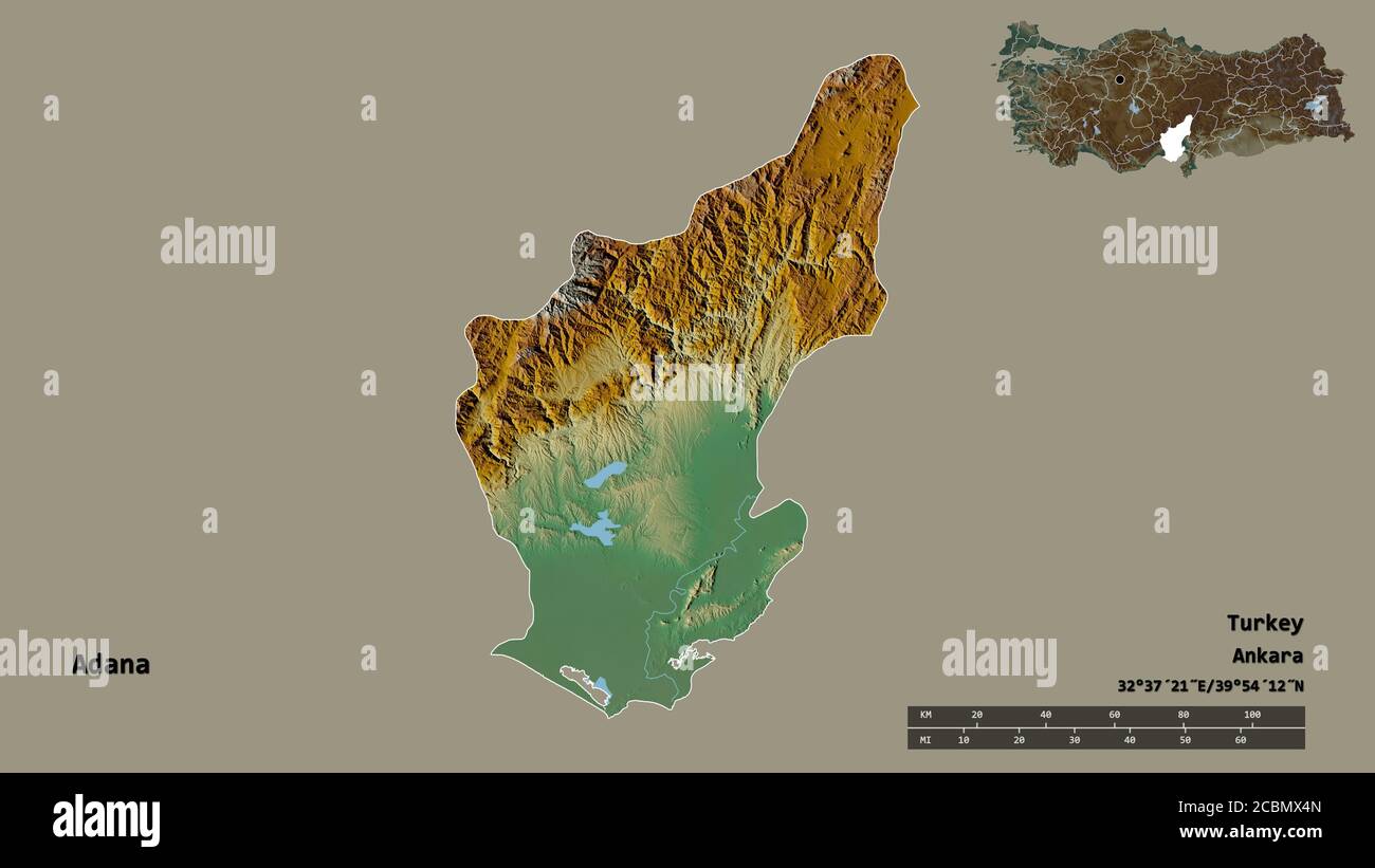 Shape of Adana, province of Turkey, with its capital isolated on solid ...