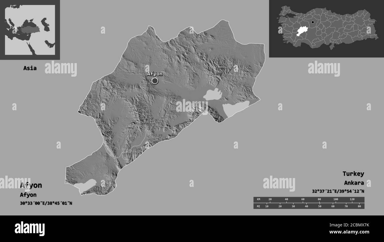 Shape of Afyon, province of Turkey, and its capital. Distance scale ...