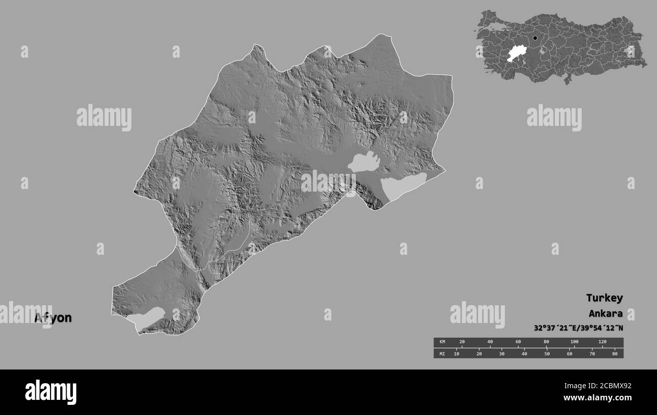 Shape of Afyon, province of Turkey, with its capital isolated on solid ...