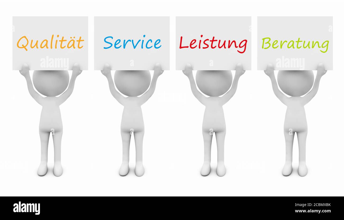 3D rendering of white human figures showing colorful German words Stock ...