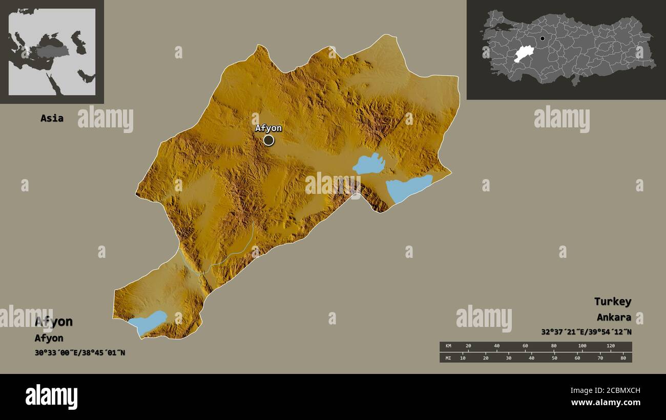 Shape of Afyon, province of Turkey, and its capital. Distance scale ...