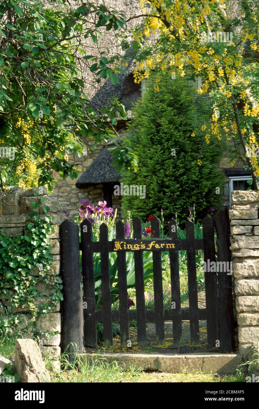 Small wooden cottage gate and path leading to house hidden in garden ...