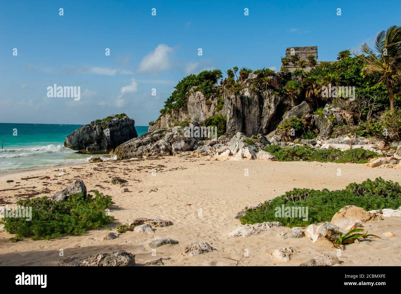 View of the beach and El Castillo (castle) in Tulum, which is the site ...