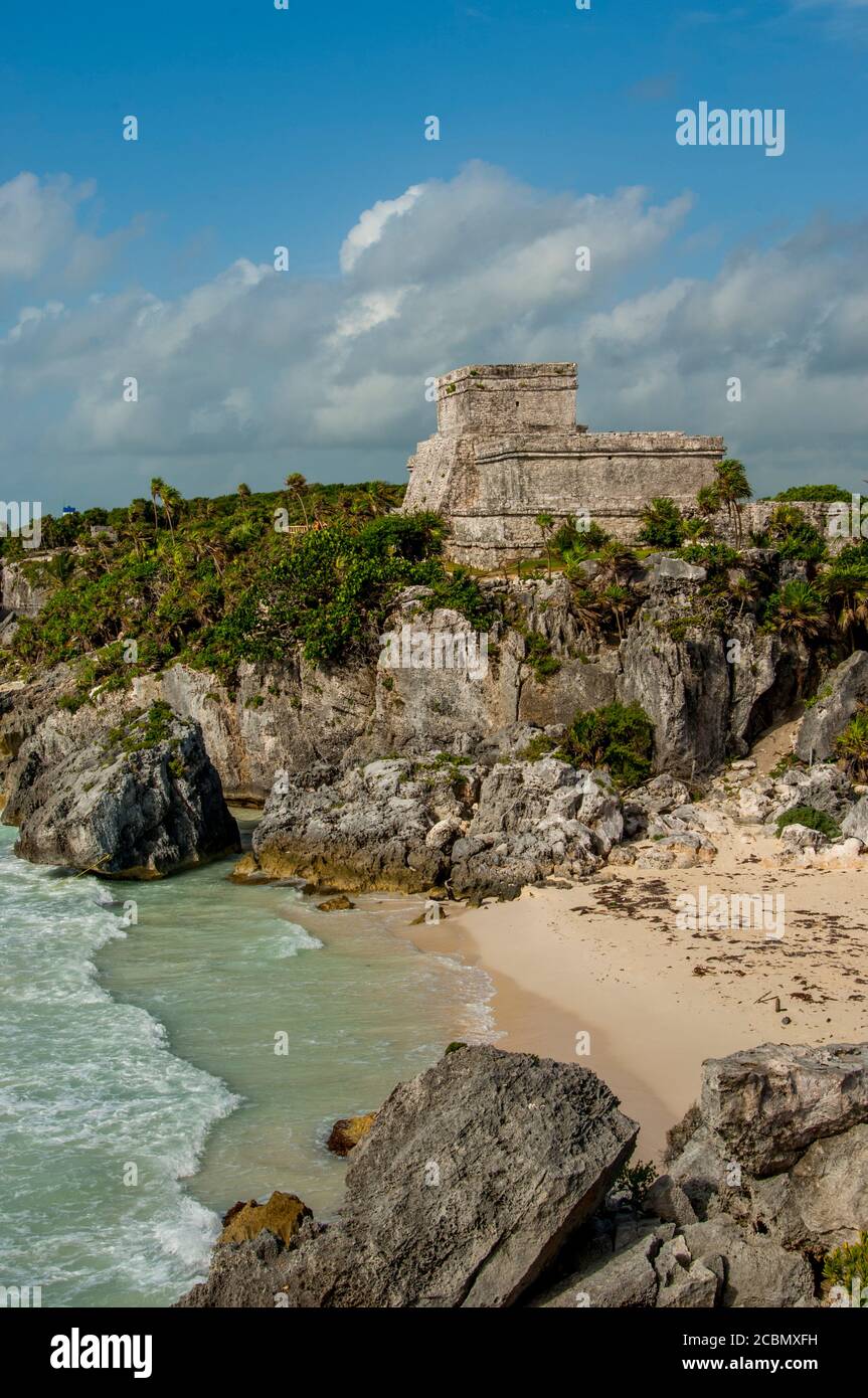 View of the beach and El Castillo (castle) in Tulum, which is the site ...