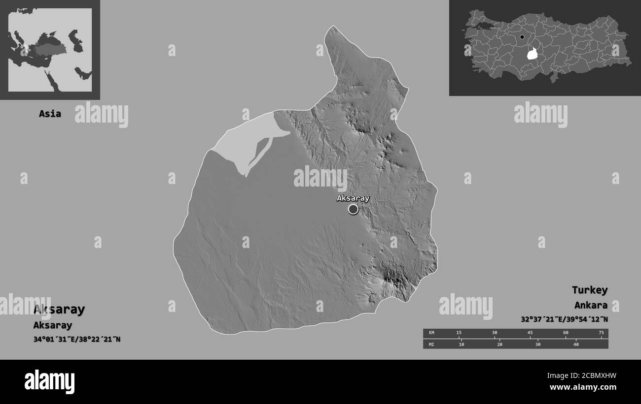 Shape of Aksaray, province of Turkey, and its capital. Distance scale ...