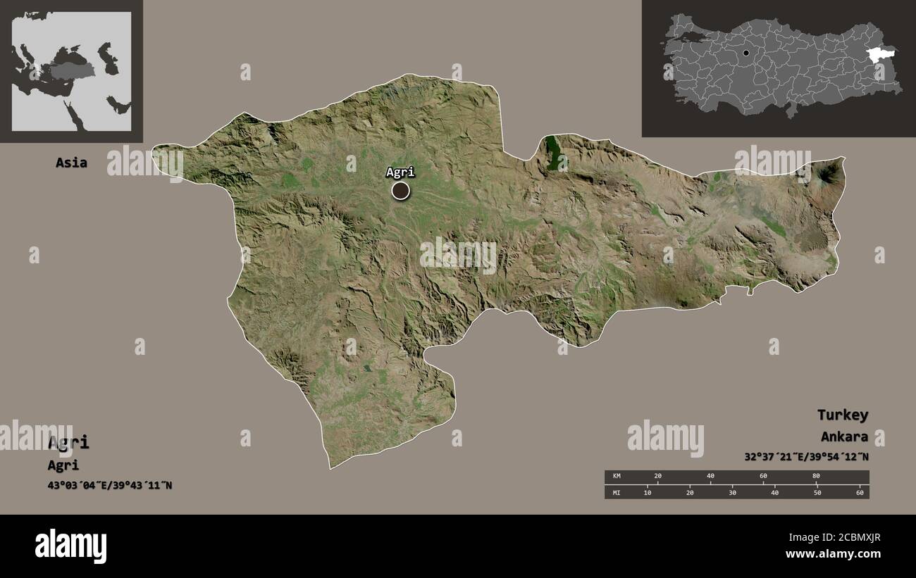 Shape of Agri, province of Turkey, and its capital. Distance scale ...