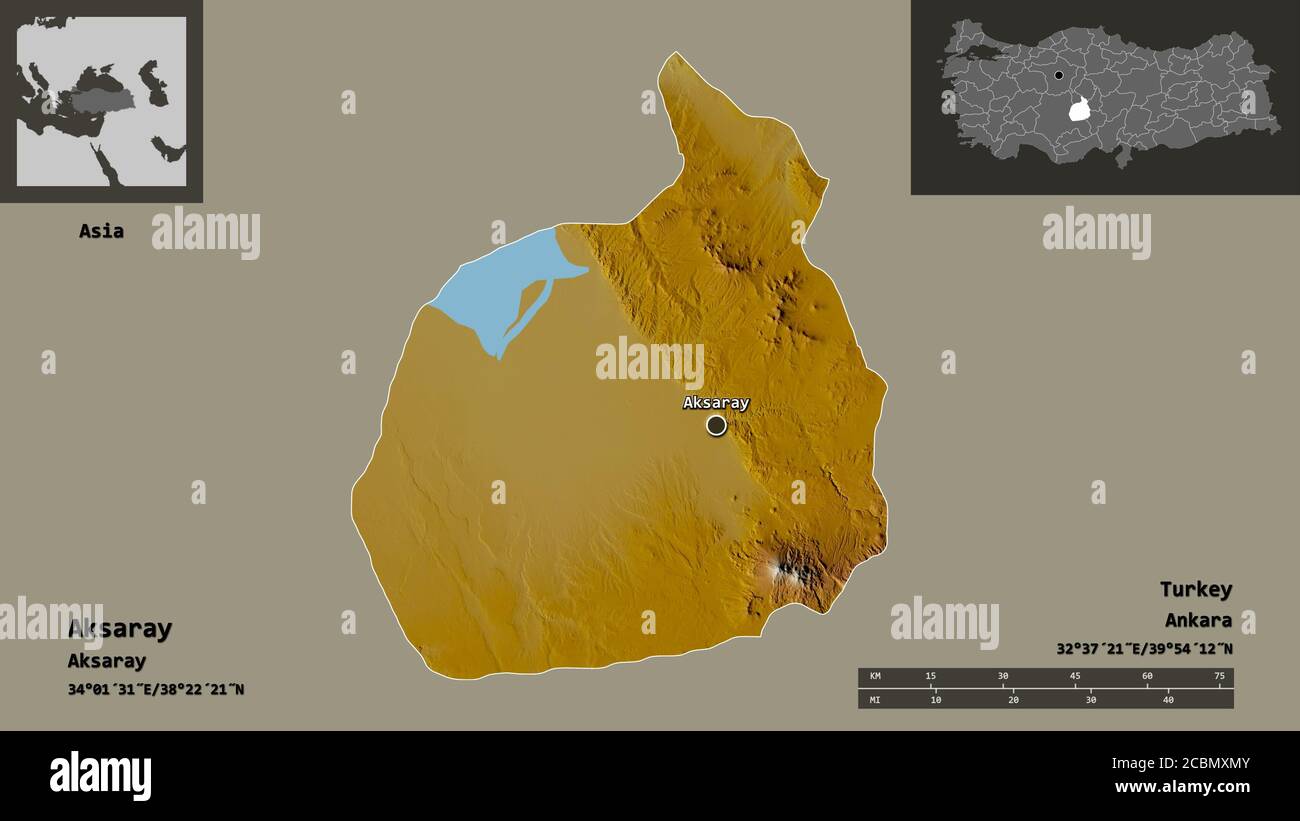 Shape of Aksaray, province of Turkey, and its capital. Distance scale ...