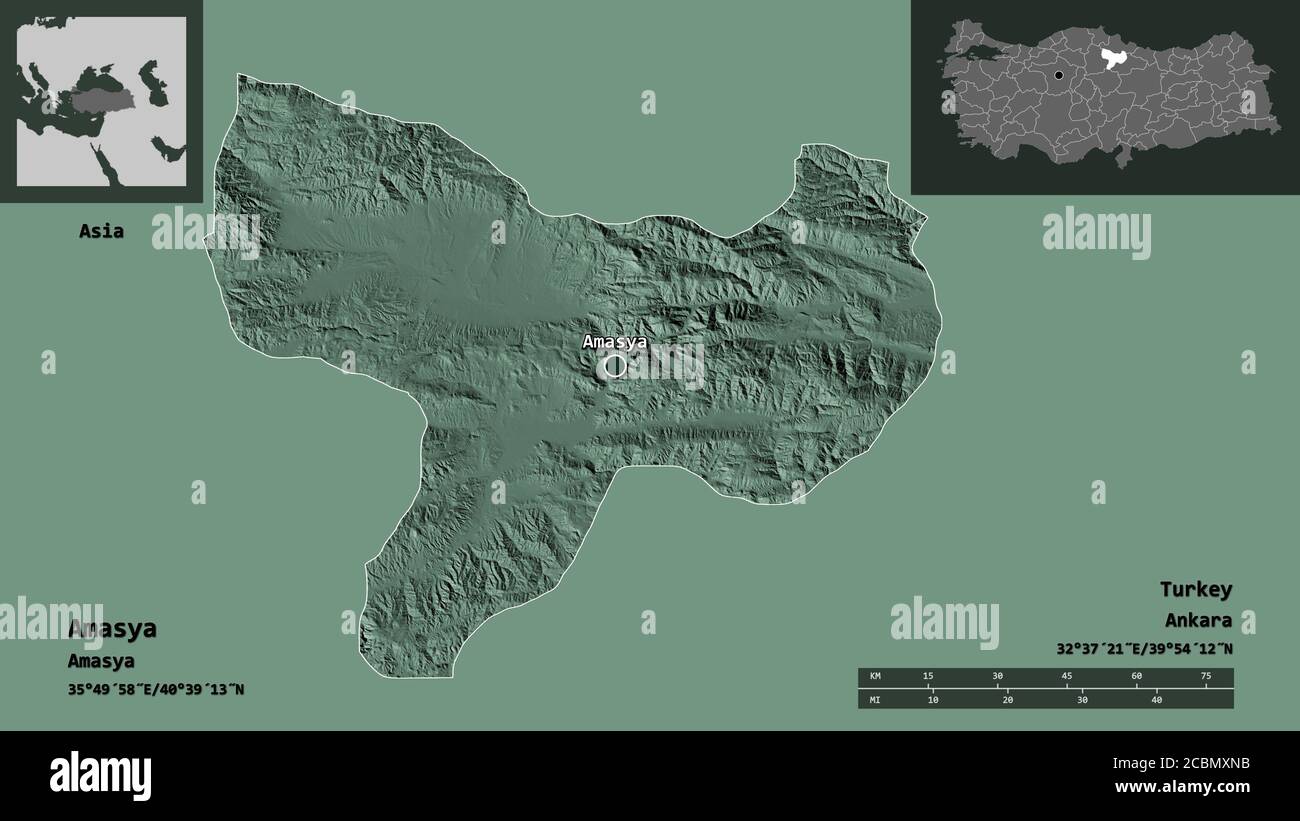 Shape of Amasya, province of Turkey, and its capital. Distance scale ...