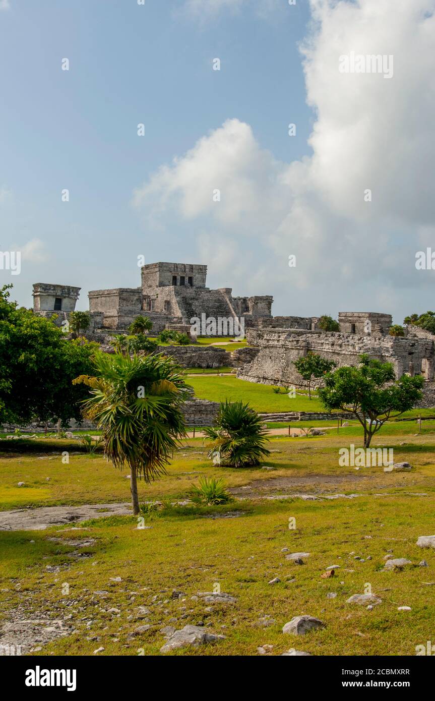 View of the archaeological site of Tulum with El Castillo (castle), a ...