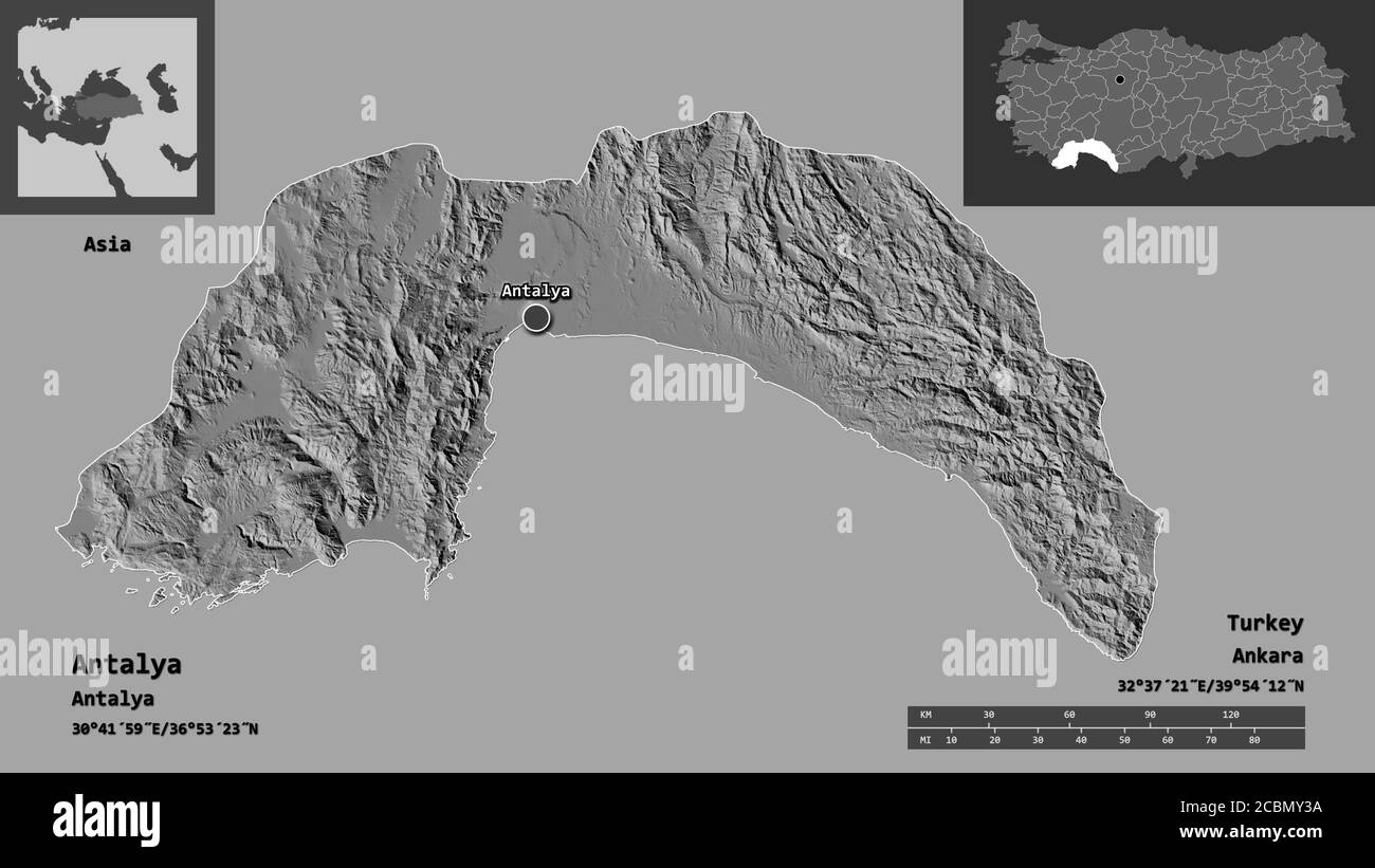 Shape of Antalya, province of Turkey, and its capital. Distance scale ...