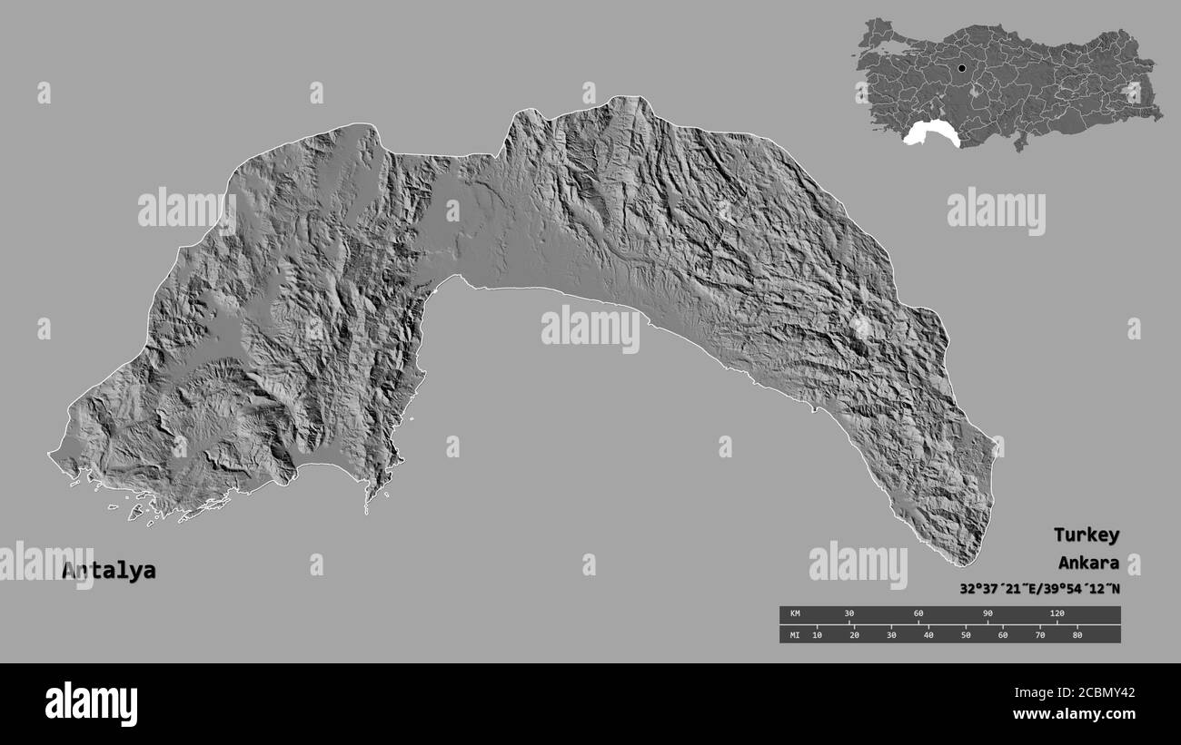 Shape of Antalya, province of Turkey, with its capital isolated on ...
