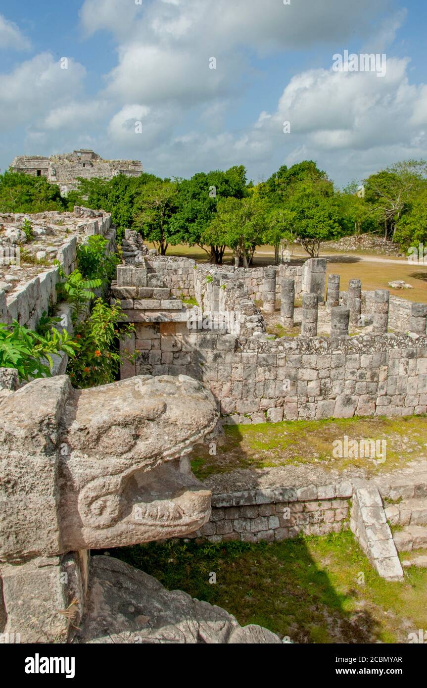 Serpent heads on the base of the staircase of the circular building El ...