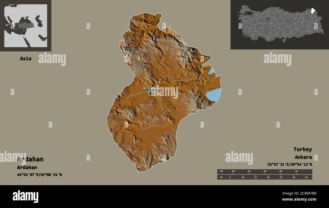 Shape of Ardahan, province of Turkey, and its capital. Distance scale ...