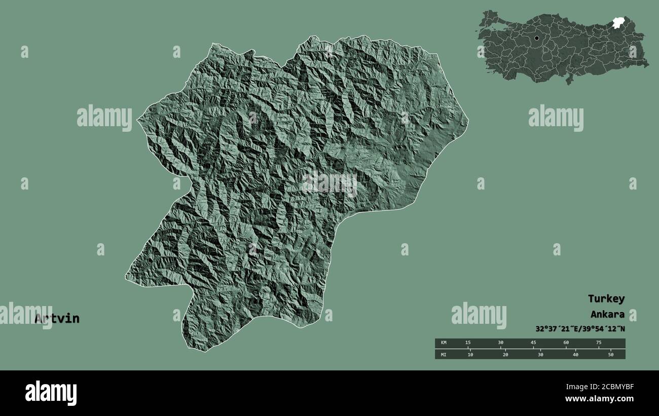 Shape of Artvin, province of Turkey, with its capital isolated on solid ...
