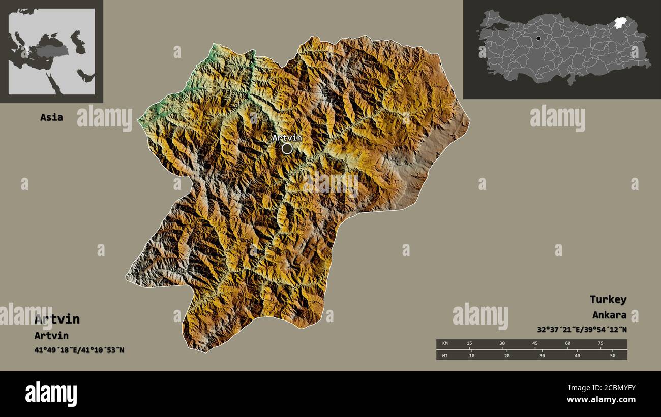 Shape of Artvin, province of Turkey, and its capital. Distance scale ...