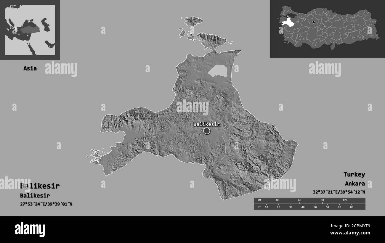 Shape of Balikesir, province of Turkey, and its capital. Distance scale ...