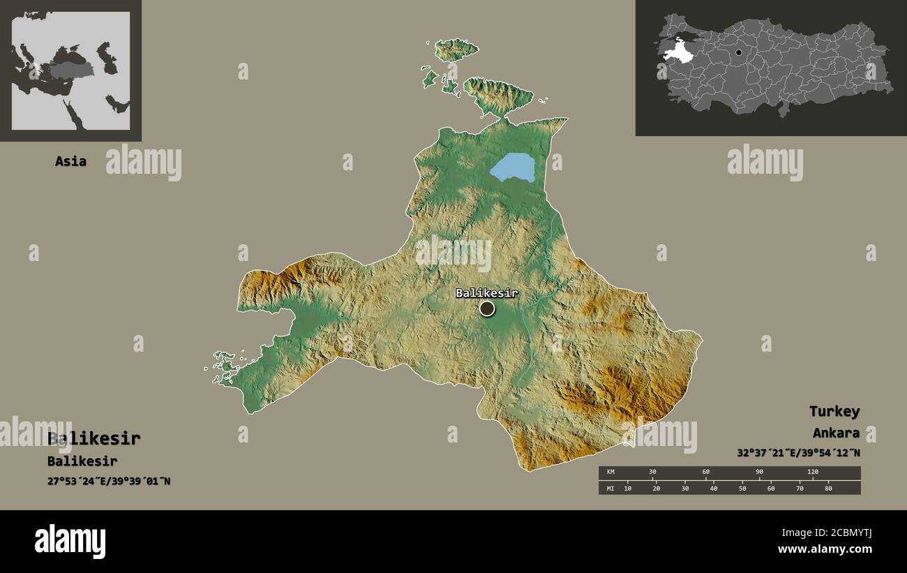Shape of Balikesir, province of Turkey, and its capital. Distance scale ...