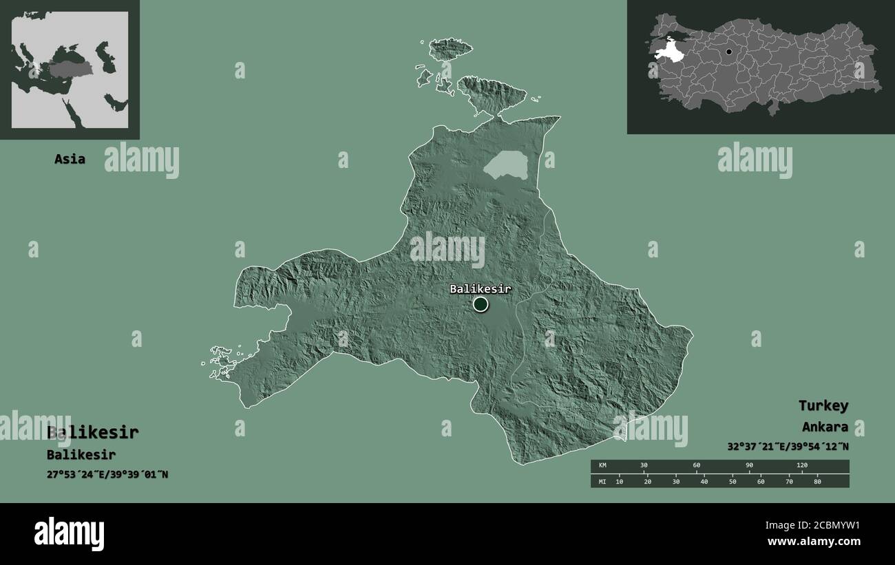 Shape of Balikesir, province of Turkey, and its capital. Distance scale ...